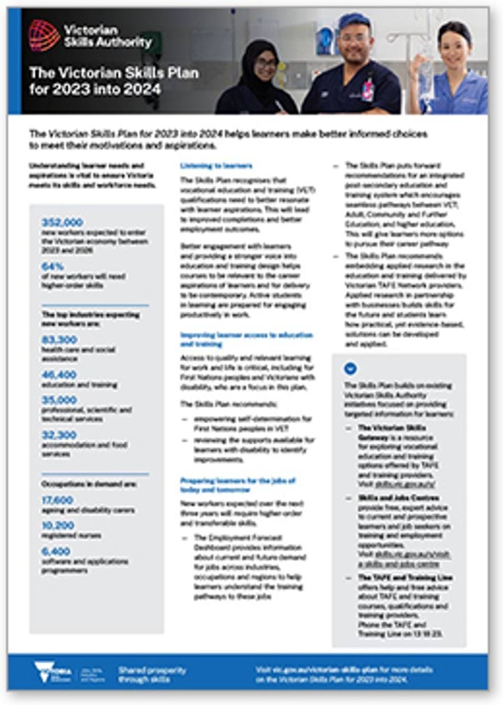 Victorian Skills Plan for 2023 into 2024 learner fact sheet | vic.gov.au